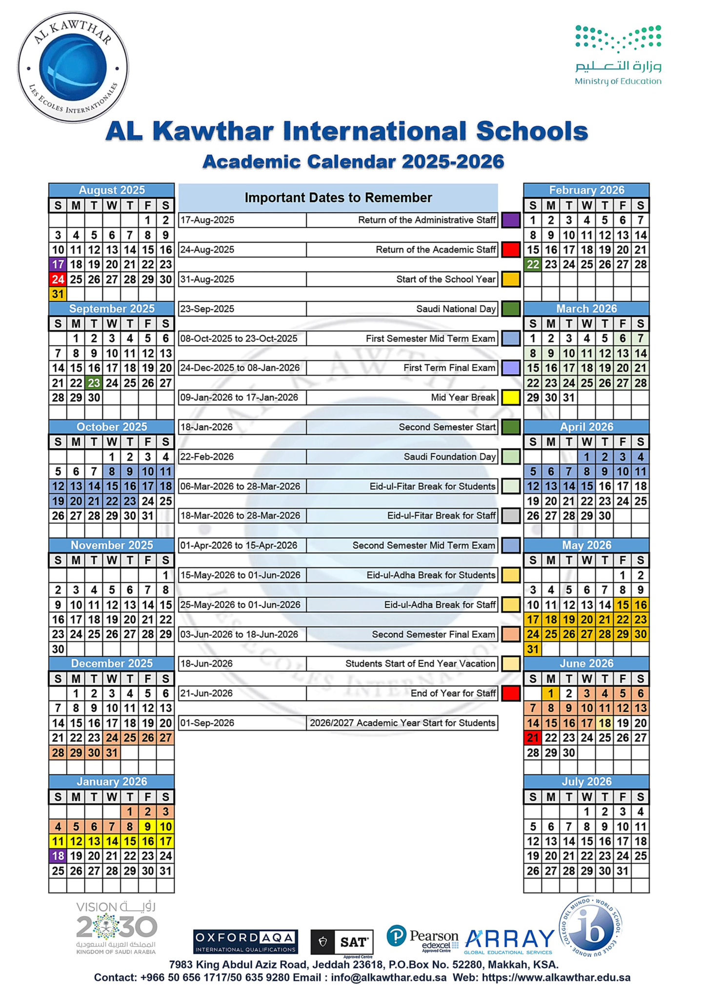 Academic Calendar 2025-26 – Alkawthar International Schools
